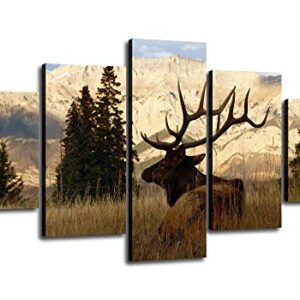 Nature Calligraphy Animal Scenery Elk Wall Art Deer Canvas Hunting Wall Decor Deer Decor for Living Room Wall Decor Deer Wall Art Deer Pictures Large 5 Panel Printed Painting Framed [60''W x 32''H]