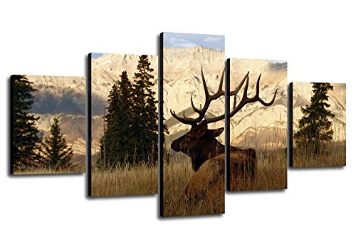 Nature Calligraphy Animal Scenery Elk Wall Art Deer Canvas Hunting Wall Decor Deer Decor for Living Room Wall Decor Deer Wall Art Deer Pictures Large 5 Panel Printed Painting Framed [60''W x 32''H]