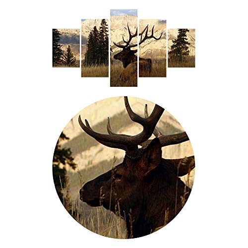 Nature Calligraphy Animal Scenery Elk Wall Art Deer Canvas Hunting Wall Decor Deer Decor for Living Room Wall Decor Deer Wall Art Deer Pictures Large 5 Panel Printed Painting Framed [60''W x 32''H]