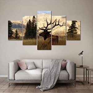 Nature Calligraphy Animal Scenery Elk Wall Art Deer Canvas Hunting Wall Decor Deer Decor for Living Room Wall Decor Deer Wall Art Deer Pictures Large 5 Panel Printed Painting Framed [60''W x 32''H]