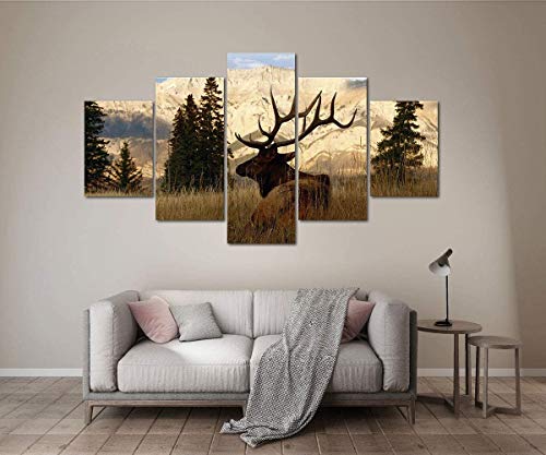 Nature Calligraphy Animal Scenery Elk Wall Art Deer Canvas Hunting Wall Decor Deer Decor for Living Room Wall Decor Deer Wall Art Deer Pictures Large 5 Panel Printed Painting Framed [60''W x 32''H]