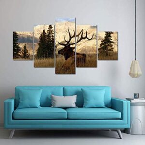 Nature Calligraphy Animal Scenery Elk Wall Art Deer Canvas Hunting Wall Decor Deer Decor for Living Room Wall Decor Deer Wall Art Deer Pictures Large 5 Panel Printed Painting Framed [60''W x 32''H]