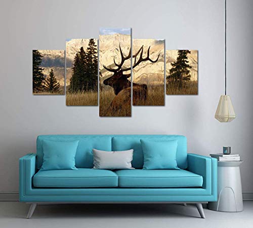 Nature Calligraphy Animal Scenery Elk Wall Art Deer Canvas Hunting Wall Decor Deer Decor for Living Room Wall Decor Deer Wall Art Deer Pictures Large 5 Panel Printed Painting Framed [60''W x 32''H]