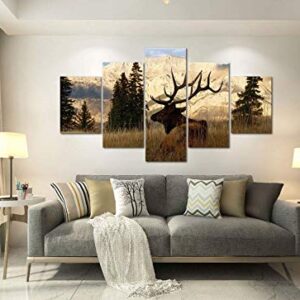 Nature Calligraphy Animal Scenery Elk Wall Art Deer Canvas Hunting Wall Decor Deer Decor for Living Room Wall Decor Deer Wall Art Deer Pictures Large 5 Panel Printed Painting Framed [60''W x 32''H]