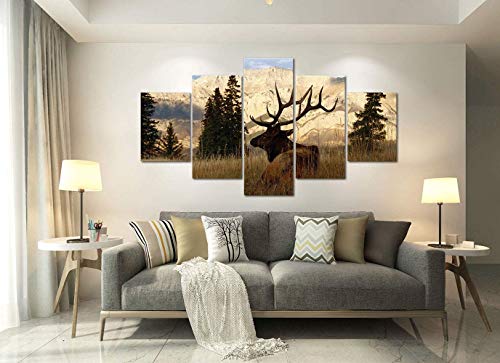 Nature Calligraphy Animal Scenery Elk Wall Art Deer Canvas Hunting Wall Decor Deer Decor for Living Room Wall Decor Deer Wall Art Deer Pictures Large 5 Panel Printed Painting Framed [60''W x 32''H]