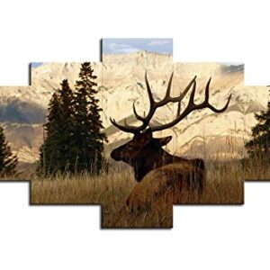 Nature Calligraphy Animal Scenery Elk Wall Art Deer Canvas Hunting Wall Decor Deer Decor for Living Room Wall Decor Deer Wall Art Deer Pictures Large 5 Panel Printed Painting Framed [60''W x 32''H]