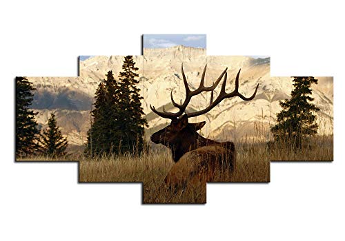 Nature Calligraphy Animal Scenery Elk Wall Art Deer Canvas Hunting Wall Decor Deer Decor for Living Room Wall Decor Deer Wall Art Deer Pictures Large 5 Panel Printed Painting Framed [60''W x 32''H]