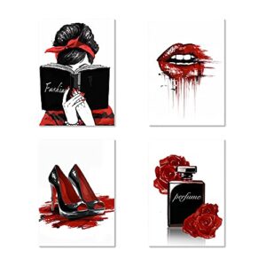 facioro fashion woman canvas wall art, red wall decor for bedroom decor, red and black art posters, red lips red rose perfume high heels and a fashion women with red hair ribbons prints wall pictures, girls room decor, black and red fashion poster