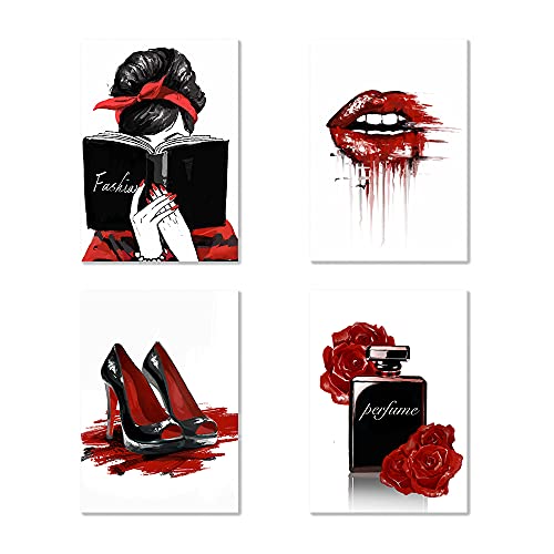 Facioro Fashion Woman Canvas Wall Art, Red Wall Decor for Bedroom Decor, Red and Black Art Posters, Red Lips Red Rose Perfume High Heels and A Fashion Women with Red Hair Ribbons Prints Wall Pictures, Girls Room Decor, Black and Red Fashion Poster