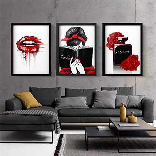 Facioro Fashion Woman Canvas Wall Art, Red Wall Decor for Bedroom Decor, Red and Black Art Posters, Red Lips Red Rose Perfume High Heels and A Fashion Women with Red Hair Ribbons Prints Wall Pictures, Girls Room Decor, Black and Red Fashion Poster