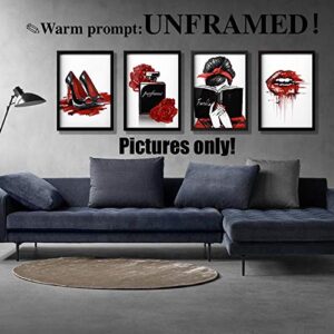 Facioro Fashion Woman Canvas Wall Art, Red Wall Decor for Bedroom Decor, Red and Black Art Posters, Red Lips Red Rose Perfume High Heels and A Fashion Women with Red Hair Ribbons Prints Wall Pictures, Girls Room Decor, Black and Red Fashion Poster