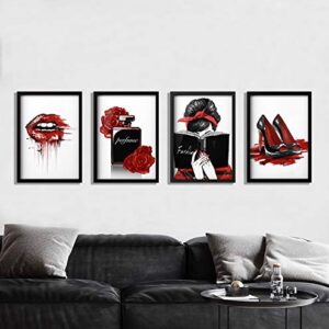 Facioro Fashion Woman Canvas Wall Art, Red Wall Decor for Bedroom Decor, Red and Black Art Posters, Red Lips Red Rose Perfume High Heels and A Fashion Women with Red Hair Ribbons Prints Wall Pictures, Girls Room Decor, Black and Red Fashion Poster