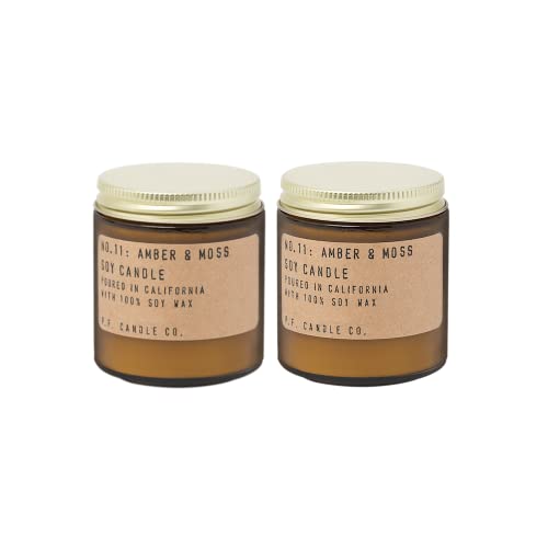 P.F. Candle Co. Amber & Moss Classic Mini Scented Soy Wax Travel Candle (Pack of 2) (3.5 oz) 20-25 Hour Burn Time, Cotton Wick, Amber Glass Jar