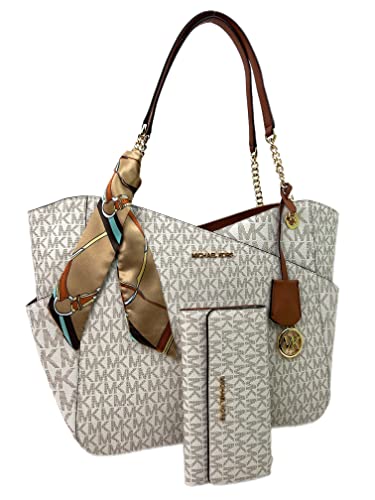 MICHAEL Michael Kors Jet Set Travel Large Chain Shoulder Tote bundled with Michael Kors Jet Set Travel Trifold Wallet (Signature MK Vanilla)