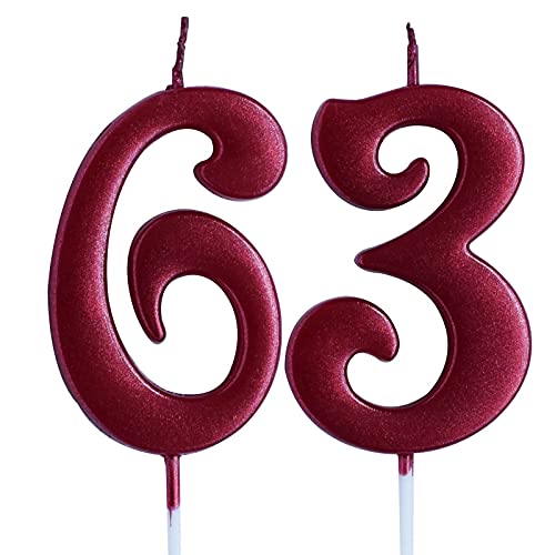 Red 63rd Birthday Candle, Number 63 Years Old Candles Cake Topper, Woman Or Man Party Decorations, Supplies