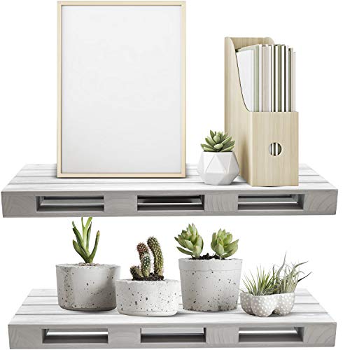 Sorbus Floating Pallet Shelves - Set of 2 - Rustic Farmhouse Wall Mount Ledge Storage Shelf Organizer - for Home Décor, Living Room, Bathroom, Bedroom, Nursery, etc - 7" D x 17" W x 1.75" H - Grey