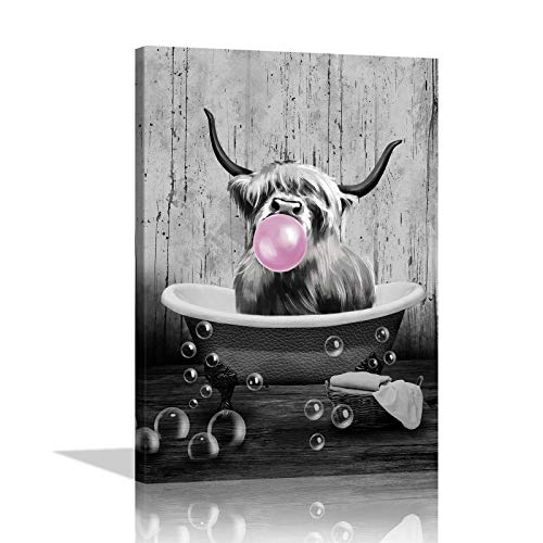 KALAWA Highland Cow Bathroom Pictures Wall Decor Funny Black and White Bathroom Decor Wall Art Pink Bubble Canvas Wall Art Home Decor for Bathroom Bedroom Framed Ready to Hang 12x16 Inch