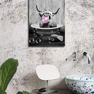 KALAWA Highland Cow Bathroom Pictures Wall Decor Funny Black and White Bathroom Decor Wall Art Pink Bubble Canvas Wall Art Home Decor for Bathroom Bedroom Framed Ready to Hang 12x16 Inch