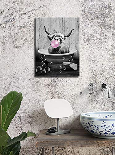 KALAWA Highland Cow Bathroom Pictures Wall Decor Funny Black and White Bathroom Decor Wall Art Pink Bubble Canvas Wall Art Home Decor for Bathroom Bedroom Framed Ready to Hang 12x16 Inch