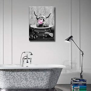 KALAWA Highland Cow Bathroom Pictures Wall Decor Funny Black and White Bathroom Decor Wall Art Pink Bubble Canvas Wall Art Home Decor for Bathroom Bedroom Framed Ready to Hang 12x16 Inch