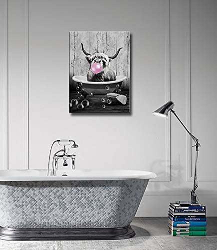 KALAWA Highland Cow Bathroom Pictures Wall Decor Funny Black and White Bathroom Decor Wall Art Pink Bubble Canvas Wall Art Home Decor for Bathroom Bedroom Framed Ready to Hang 12x16 Inch