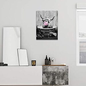 KALAWA Highland Cow Bathroom Pictures Wall Decor Funny Black and White Bathroom Decor Wall Art Pink Bubble Canvas Wall Art Home Decor for Bathroom Bedroom Framed Ready to Hang 12x16 Inch