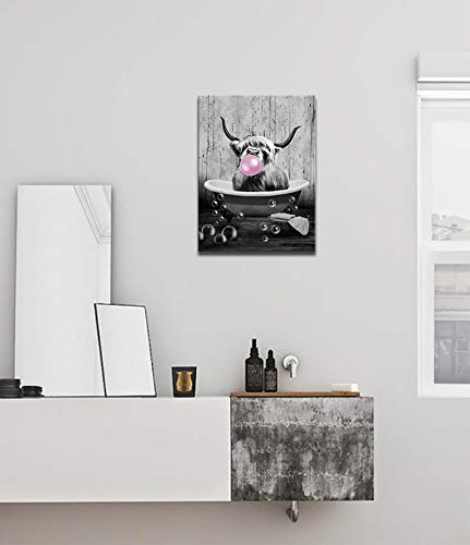 KALAWA Highland Cow Bathroom Pictures Wall Decor Funny Black and White Bathroom Decor Wall Art Pink Bubble Canvas Wall Art Home Decor for Bathroom Bedroom Framed Ready to Hang 12x16 Inch