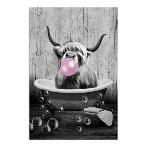 KALAWA Highland Cow Bathroom Pictures Wall Decor Funny Black and White Bathroom Decor Wall Art Pink Bubble Canvas Wall Art Home Decor for Bathroom Bedroom Framed Ready to Hang 12x16 Inch