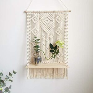 bluettek macrame wall hanging shelf, boho decorative floating plants swing hanging shelf wooden storage hanger, handmade cotton rope woven home wall decor