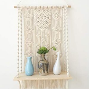 BLUETTEK Macrame Wall Hanging Shelf, Boho Decorative Floating Plants Swing Hanging Shelf Wooden Storage Hanger, Handmade Cotton Rope Woven Home Wall Decor