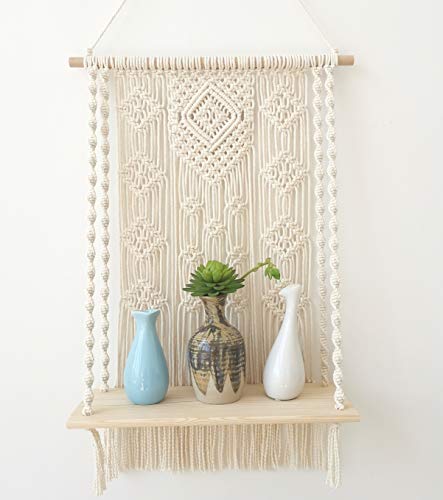 BLUETTEK Macrame Wall Hanging Shelf, Boho Decorative Floating Plants Swing Hanging Shelf Wooden Storage Hanger, Handmade Cotton Rope Woven Home Wall Decor