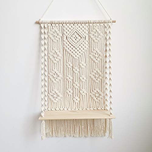 BLUETTEK Macrame Wall Hanging Shelf, Boho Decorative Floating Plants Swing Hanging Shelf Wooden Storage Hanger, Handmade Cotton Rope Woven Home Wall Decor