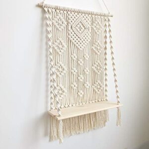 BLUETTEK Macrame Wall Hanging Shelf, Boho Decorative Floating Plants Swing Hanging Shelf Wooden Storage Hanger, Handmade Cotton Rope Woven Home Wall Decor