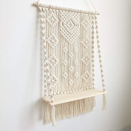 BLUETTEK Macrame Wall Hanging Shelf, Boho Decorative Floating Plants Swing Hanging Shelf Wooden Storage Hanger, Handmade Cotton Rope Woven Home Wall Decor