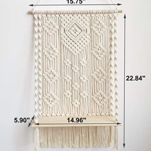 BLUETTEK Macrame Wall Hanging Shelf, Boho Decorative Floating Plants Swing Hanging Shelf Wooden Storage Hanger, Handmade Cotton Rope Woven Home Wall Decor