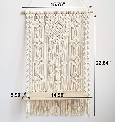 BLUETTEK Macrame Wall Hanging Shelf, Boho Decorative Floating Plants Swing Hanging Shelf Wooden Storage Hanger, Handmade Cotton Rope Woven Home Wall Decor