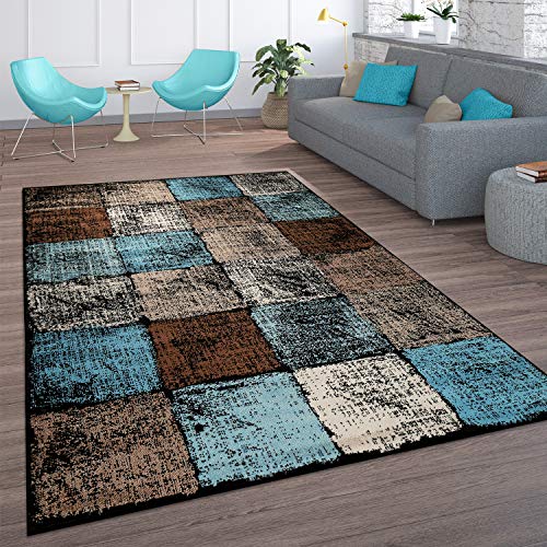 Modern Area Rug for Living Room Abstract in Brown Cream Blue Checkered, Size: 3'11" x 5'7"