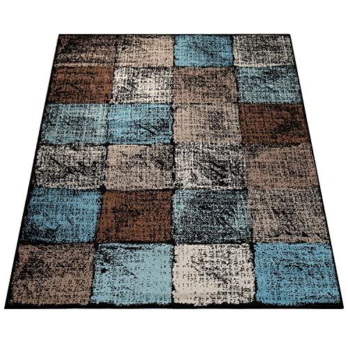 Modern Area Rug for Living Room Abstract in Brown Cream Blue Checkered, Size: 3'11" x 5'7"