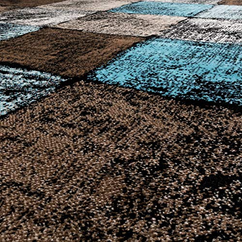 Modern Area Rug for Living Room Abstract in Brown Cream Blue Checkered, Size: 3'11" x 5'7"