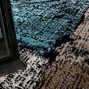 Modern Area Rug for Living Room Abstract in Brown Cream Blue Checkered, Size: 3'11" x 5'7"