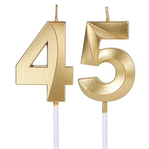 Gold 45th & 54th Birthday Candles for Cakes, Number 45 54 Glitter Candle Cake Topper for Party Anniversary Wedding Celebration Decoration