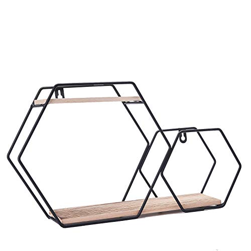 BalsaCircle Black Natural 2 Tier Hexagon Metal Wood Geometric Floating Shelf Party Wedding Reception Decorations Supplies