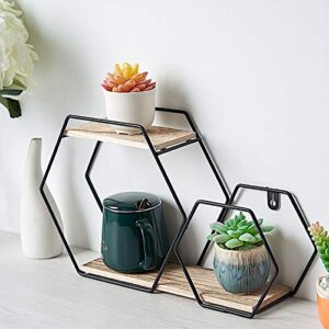 BalsaCircle Black Natural 2 Tier Hexagon Metal Wood Geometric Floating Shelf Party Wedding Reception Decorations Supplies