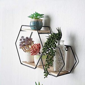 BalsaCircle Black Natural 2 Tier Hexagon Metal Wood Geometric Floating Shelf Party Wedding Reception Decorations Supplies