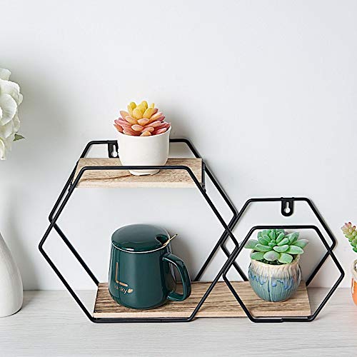 BalsaCircle Black Natural 2 Tier Hexagon Metal Wood Geometric Floating Shelf Party Wedding Reception Decorations Supplies