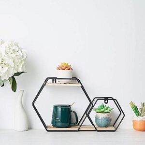 BalsaCircle Black Natural 2 Tier Hexagon Metal Wood Geometric Floating Shelf Party Wedding Reception Decorations Supplies