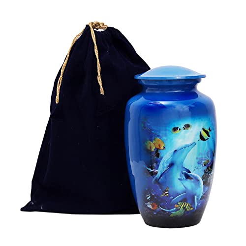 HLC URNS Dolphin Ocean Blue Cremation Urn for Human Ashes - Adult Funeral Urn Handcrafted - Affordable Urn for Ashes (Adult (200 lbs) – 10.5 x 6 “, Cremation Urn)