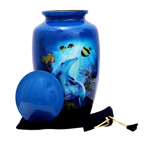 HLC URNS Dolphin Ocean Blue Cremation Urn for Human Ashes - Adult Funeral Urn Handcrafted - Affordable Urn for Ashes (Adult (200 lbs) – 10.5 x 6 “, Cremation Urn)