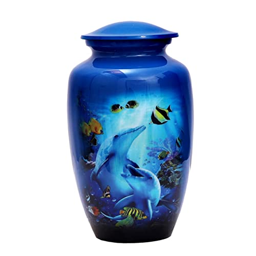 HLC URNS Dolphin Ocean Blue Cremation Urn for Human Ashes - Adult Funeral Urn Handcrafted - Affordable Urn for Ashes (Adult (200 lbs) – 10.5 x 6 “, Cremation Urn)