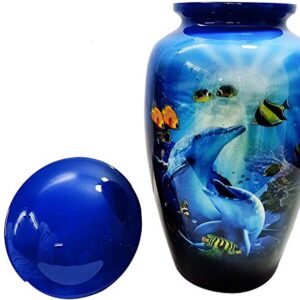 HLC URNS Dolphin Ocean Blue Cremation Urn for Human Ashes - Adult Funeral Urn Handcrafted - Affordable Urn for Ashes (Adult (200 lbs) – 10.5 x 6 “, Cremation Urn)